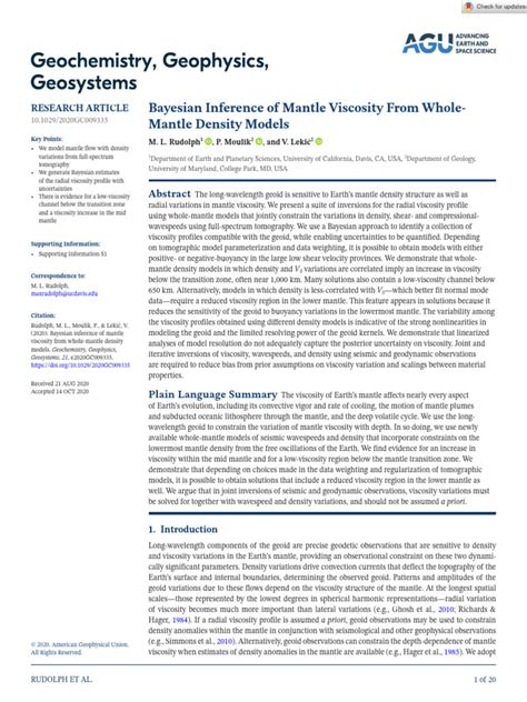 Geochem Geophys Geosyst 2020 Rudolph Bayesian Inference Of Mantle Viscosity From Whole