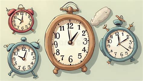 Alarm Clocks Assortment Illustration In Various Styles Colors And Sizes On Muted Background