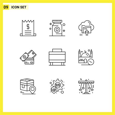 Conjunto De Pictogramas De 9 Contornos Simples De Moneda De Billetera