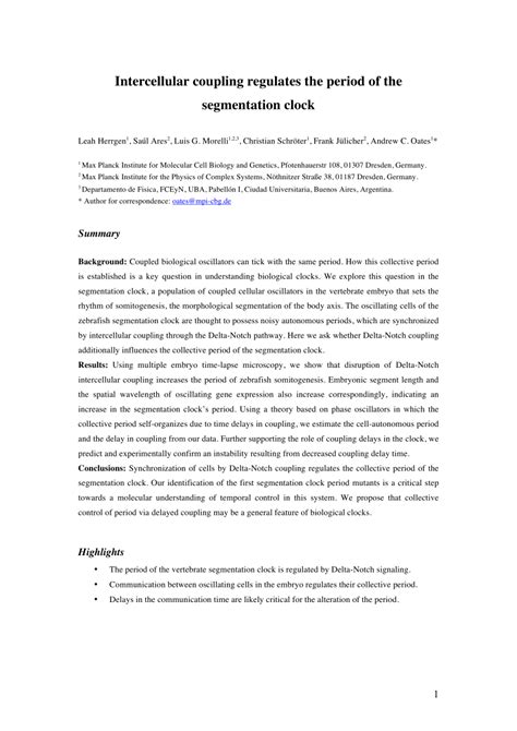 Pdf Intercellular Coupling Regulates The Period Of The Segmentation Clock