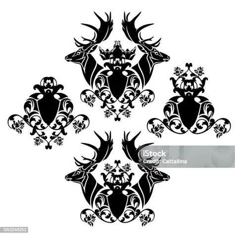 사슴 사슴 머리와 로얄 크라운과 장미 꽃 흑백 벡터 장식과 전령 방패 문장에 대한 스톡 벡터 아트 및 기타 이미지 문장 사슴 옆모습 Istock
