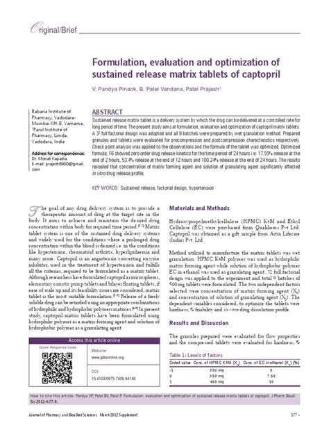 Formulation Evaluation And Optimization Of Sustained Release Matrix Tablets Of Captopril Pdf