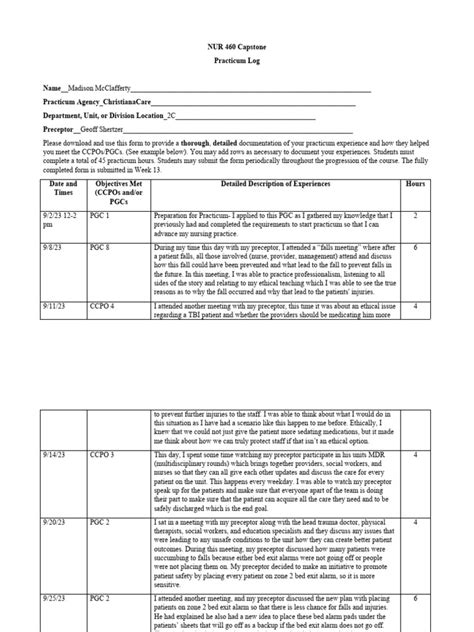 Mcclafferty Nur 460 Capstone Practicum Log Pdf Nursing Patient
