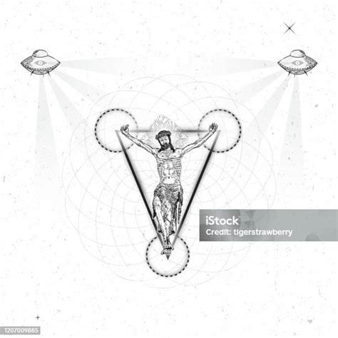 พระเยซูคริสต์บนรอยสักรูปสามเหลี่ยม สัญลักษณ์ของการอธิษฐานและศาสนาของศาสนาคริสต์ ยูเอฟโ ภาพประกอบ