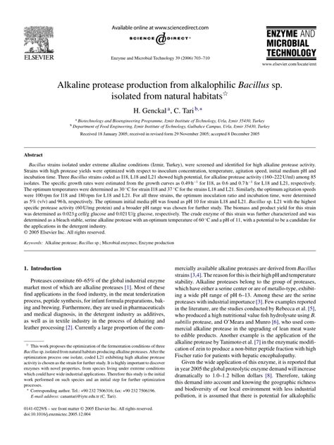Pdf Alkaline Protease Production From Alkalophilic Bacillus Sp Isolated From Natural Habitats