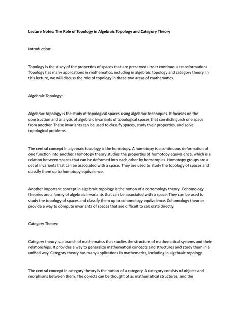 Lecture Notes The Role Of Topology In Algebraic Topology And Category Theory Lecture Notes