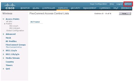 Flexconnect Acls のページで Refresh ボタンを押すとワイヤレス Lan コントローラが再起動する Cisco