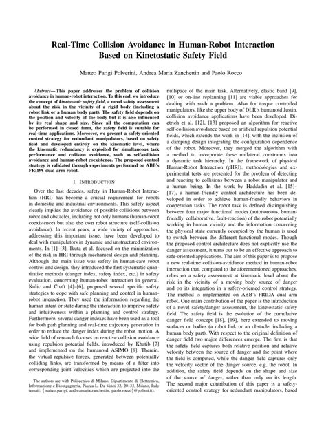 pdf real time collision avoidance in human robot interaction based on kinetostatic safety field