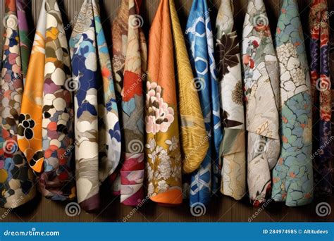 Folded Kimonos Showcasing Various Patterns Stock Illustration