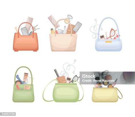 메이크업 제품 및 액세서리 세트가 있는 화장품 가방 파우더 홍당무 아이 섀도우 파운데이션 브러쉬 벡터 일러스트 레이 션 가방에 대한 스톡 벡터 아트 및 기타 이미지 Istock