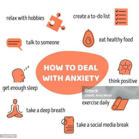 컬러 손으로 그린 아이콘으로 불안 인포 그래픽 디자인을 다루는 방법 불안 관리를위한 유용한 팁과 조언 정신 건강 개념 사각형 카드 또는 포스터 벡터 평면 스타일 그림입니다