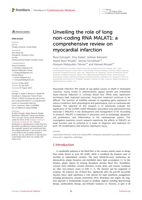 Pdf Unveiling The Role Of Long Non Coding Rna Malat1 A Comprehensive Review On Myocardial