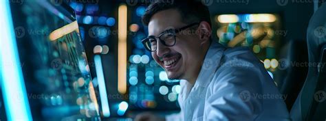 Enfocado Joven Computadora Científico Intensamente Trabajando En Ordenador Portátil En Brillante