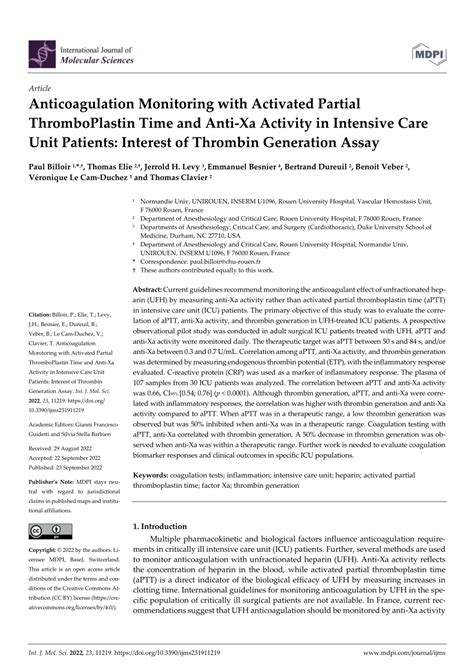 Pdf Anticoagulation Monitoring With Activated Partial Thromboplastin Time And Anti Xa Activity