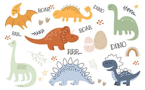 귀여운 공룡이 있는 벡터 드로잉 세트입니다 어린이를 위한 공룡 만화책 캐릭터 디자인 인쇄물 의류 포스터 교육 엔터테인먼트 고대