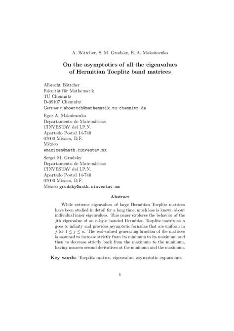 Pdf On The Asymptotics Of All Eigenvalues Of Hermitian Toeplitz Band Matrices