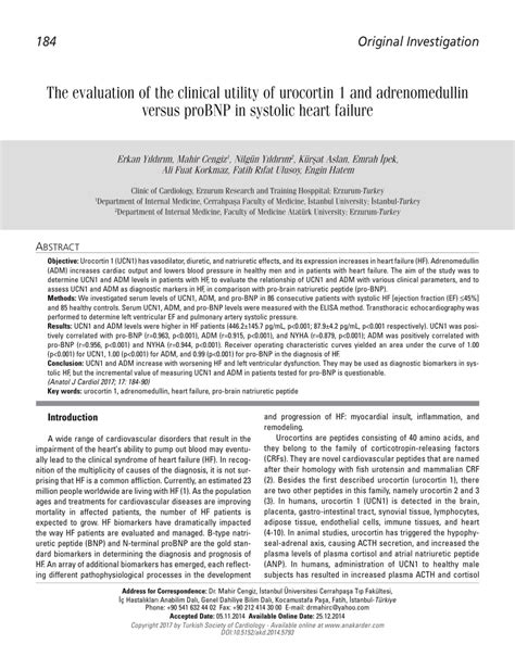 Pdf The Evaluation Of The Clinical Utility Of Urocortin 1 And Adrenomedullin Versus Probnp In