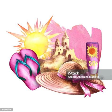 바다에서 쉬십시오 해변 용품 해변 슬레이트 모래성 등을 묘사한 구성 수채화 삽화 전단지 배너 엽서 디자인 초대장 포스터 라벨용 0명에 대한 스톡 벡터 아트 및 기타 이미지