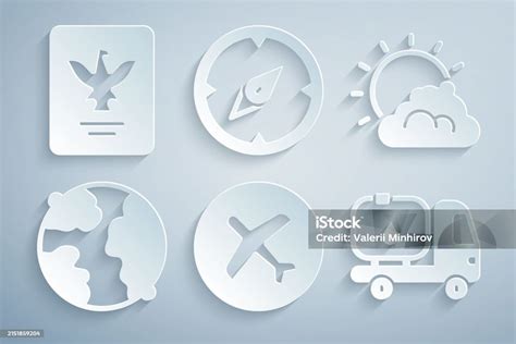 비행기 태양과 구름 날씨 전세계 연료 탱크 트럭 나침반 및 여권 아이콘을 설정합니다 벡터 3차원 형태에 대한 스톡 벡터 아트 및 기타 이미지 Istock