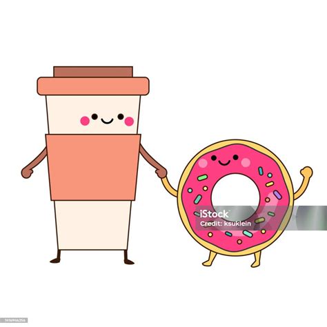 만화 커피 컵과 손을 잡고있는 도넛 귀여운 재미있는 음식 친구 캐릭터 카와이 친절한 식사 귀여운에 대한 스톡 벡터 아트 및 기타 이미지 Istock