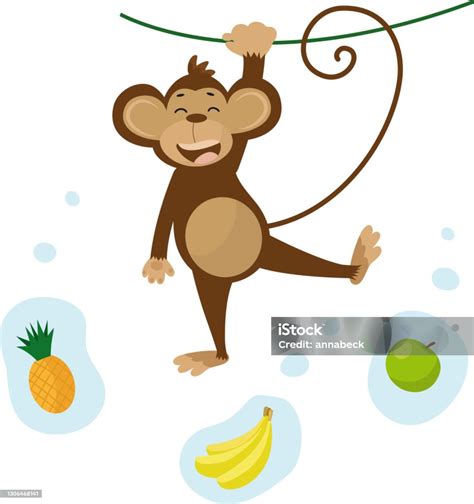 디자인에 바나나 사과 파인애플을 곁들인 귀여운 만화 원숭이의 벡터 일러스트 갈색에 대한 스톡 벡터 아트 및 기타 이미지 갈색