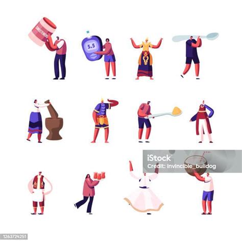 캐릭터 세트는 감미료와 포도당 계측기를 사용하여 태국 요리와 터키 요리를 요리합니다 거대한 도구를 가진 작은 사람들 개체 그룹에 대한 스톡 벡터 아트 및 기타 이미지