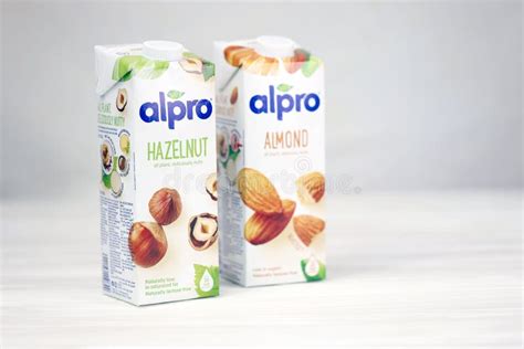 KHARKOV, UKRAINE - JULY 2, 2020: Alpro Almond and Hazelnut Milk Packs ...