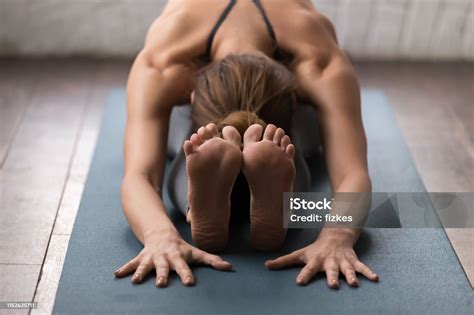 젊은 여자 연습 요가 앉아 앞으로 벤드 포즈 파스 치 얼룩 덜 룩 요가에 대한 스톡 사진 및 기타 이미지 요가 구부리기 앉음 Istock