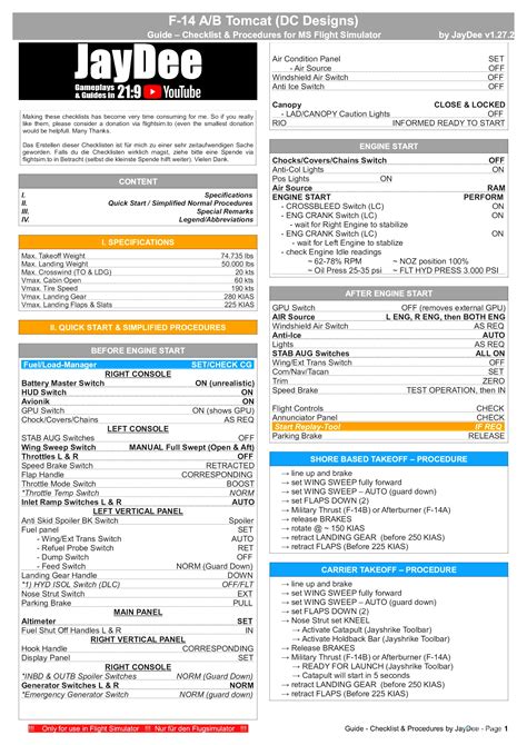 F 14 Tomcat Guide Checklist And Procedures Für Microsoft Flight