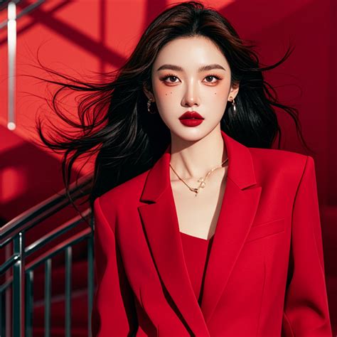 一个穿着红西装带着的女人，长头发，旋转楼梯，摄影写真，精致五官，皮肤白皙，杂志构图，影子，层次感，立体感，最佳质量，背景虚化，8k，红色背景，丁达尔光效，中景镜头，杂志 1