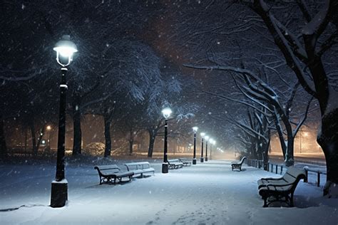 조명이 있는 공원은 나무 근처에 눈으로 덮여 있다 가로등 가로수 거리 배경 일러스트 및 사진 무료 다운로드 Pngtree