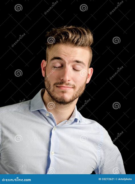 Handsome Young Man Portrait With Confident Expression Eyes Closed