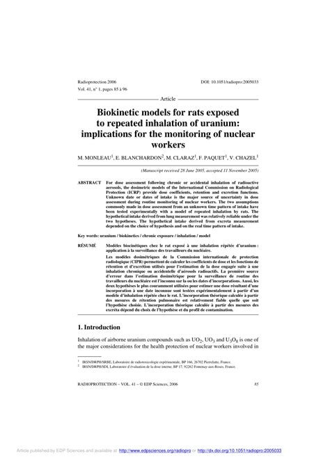 Pdf Biokinetic Models For Rats Exposed To Repeated Inhalation Of Uranium Implications For The