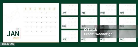 벡터 2020 새해 달력 플래너 템플릿 최소 테이블 간단한 스타일 녹색과 금 색 생태 휴일 이벤트 플래너 주 일요일 을