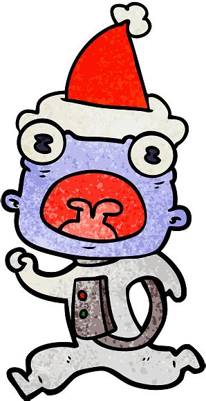 산타 모자를 쓰고 도망가는 이상한 외계인의 손으로 그린 질감 만화 0명에 대한 스톡 벡터 아트 및 기타 이미지 0명 귀여운 그런지 이미지 기법 Istock