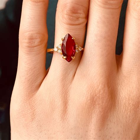Ruby Statement Ring Red Ruby Marquise Ruby Ring 14k Gold Plated Red