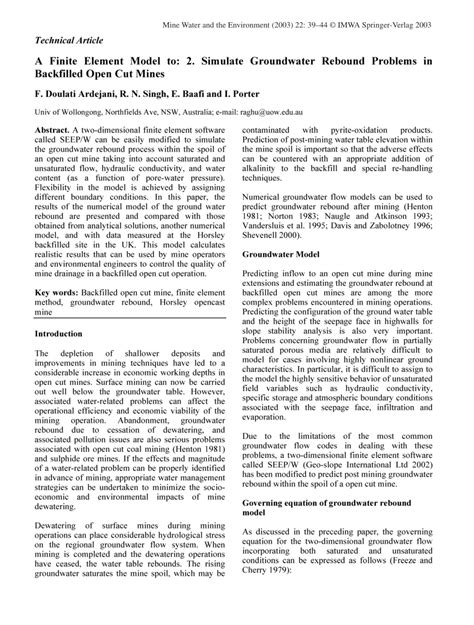 Pdf A Finite Element Model To 2 Simulate Groundwater Rebound Problems In Backfilled Open Cut