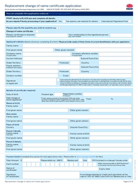 Fillable Online Application Form For A Replacement Change Of Name Certificate Replacement