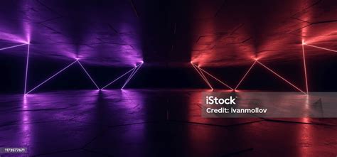 공상 과학 소설 네온 빛나는 빛 파란색 보라색 배경 혼란 스러운 레이저 게이트 라인 바닥 레이저 스튜디오 무대 쇼 밤 복고풍 미래 현대 빈 콘크리트 그런 지 가상 어두운