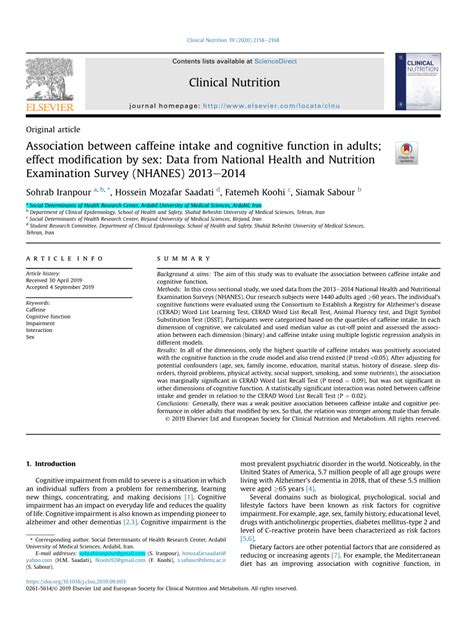 Pdf Association Between Caffeine Intake And Cognitive Function In Adults Effect Modification