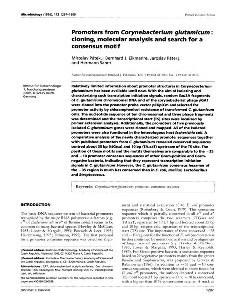 Pdf Promoters From Corynebacterium Glutamicum Cloning Molecular Analysis And Search For A