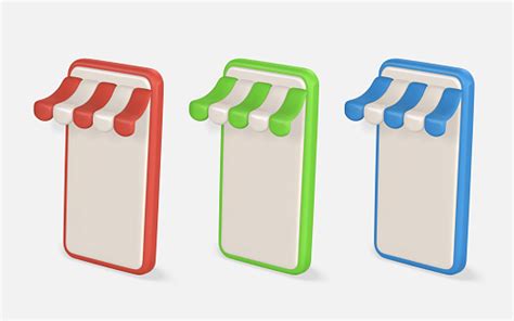 3d 온라인 상점 줄무늬 상점 캐노피가 있는 스마트폰 현대 온라인 쇼핑 스마트폰용 애플리케이션 벡터 일러스트 레이 션 3차원 형태에 대한 스톡 벡터 아트 및 기타 이미지