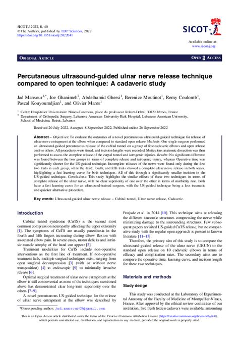 Pdf Percutaneous Ultrasound Guided Ulnar Nerve Release Technique Compared To Open Technique A