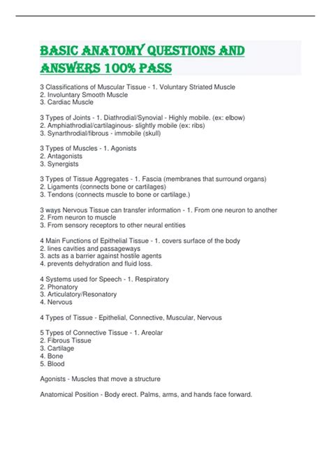 Basic Anatomy Questions And Answers 100 Pass Basic Anatomy Stuvia Us