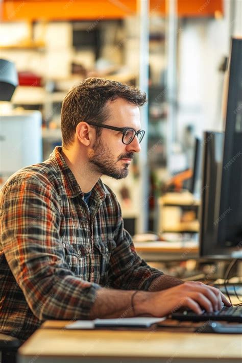 There Is A Man Sitting At A Desk Using A Computer Generative Ai Premium Ai Generated Image