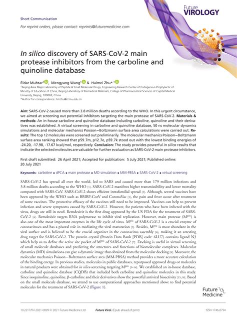 Pdf In Silico Discovery Of Sars Cov 2 Main Protease Inhibitors From The Carboline And