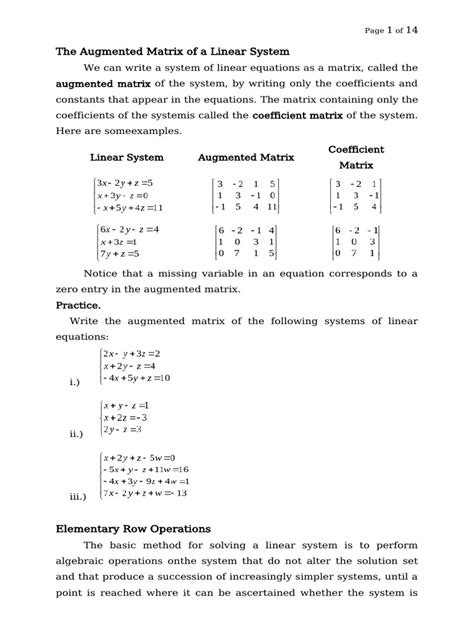 The Augmented Matrix Of A Linear System Pdf System Of Linear