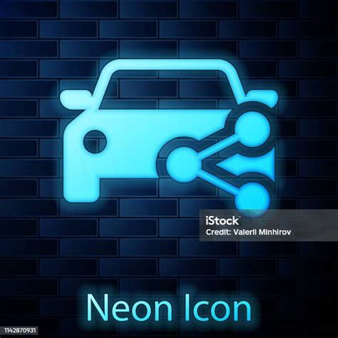 빛나는 네온 자동차 공유 아이콘 벽돌 벽 배경에 고립 Carsharing 표시 됩니다 교통 임대 서비스 개념입니다 벡터 일러스트 Mobility As A Service에