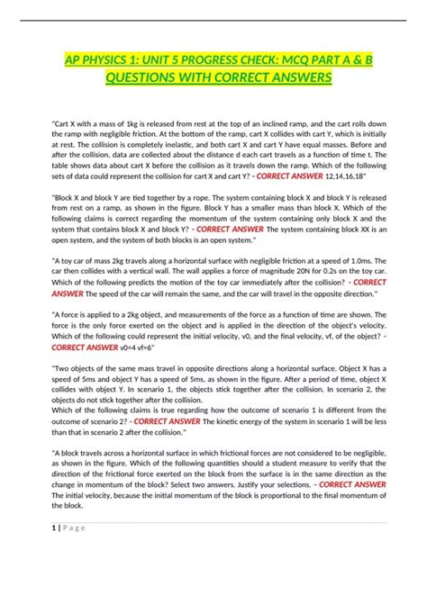 AP PHYSICS UNIT PROGRESS CHECK MCQ PART A B QUESTIONS WITH CORRECT ANSWERS Physics