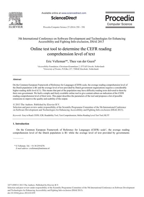 Pdf Online Test Tool To Determine The Cefr Reading Comprehension Level Of Text